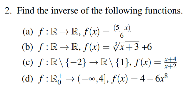 Solved 2. Find the inverse of the following functions. (a) | Chegg.com