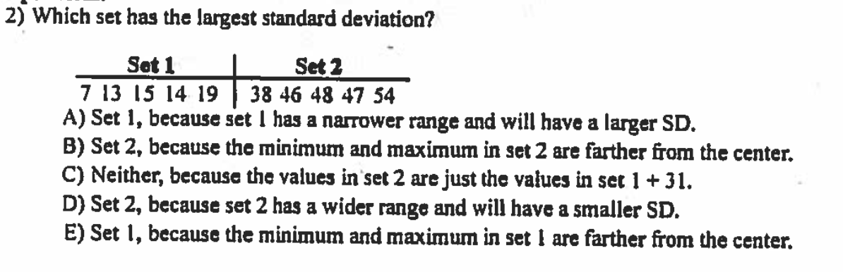 Solved 2) Which set has the largest standard deviation? Sat | Chegg.com