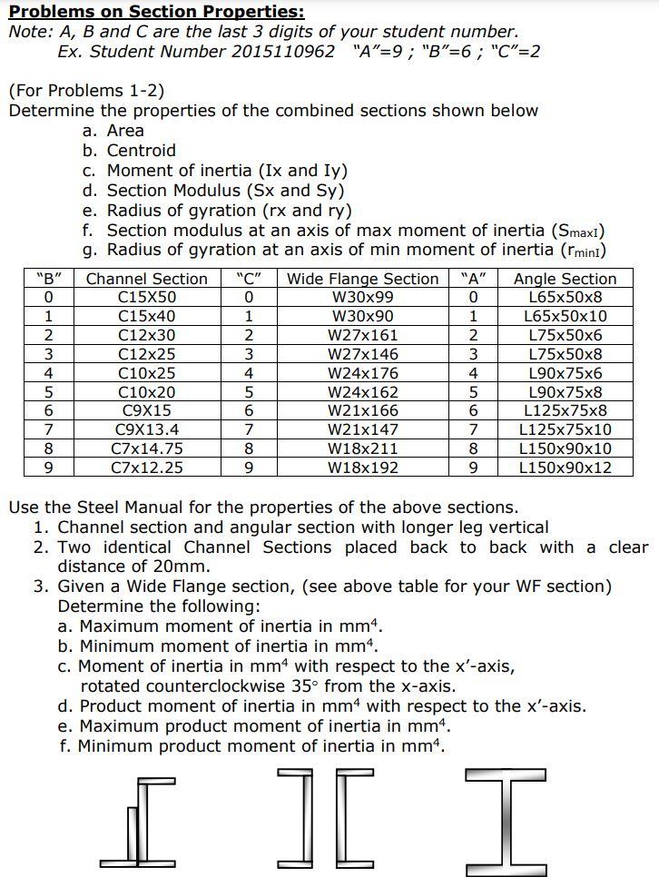 Solved Problems on Section Properties: Note: A,B and C are | Chegg.com