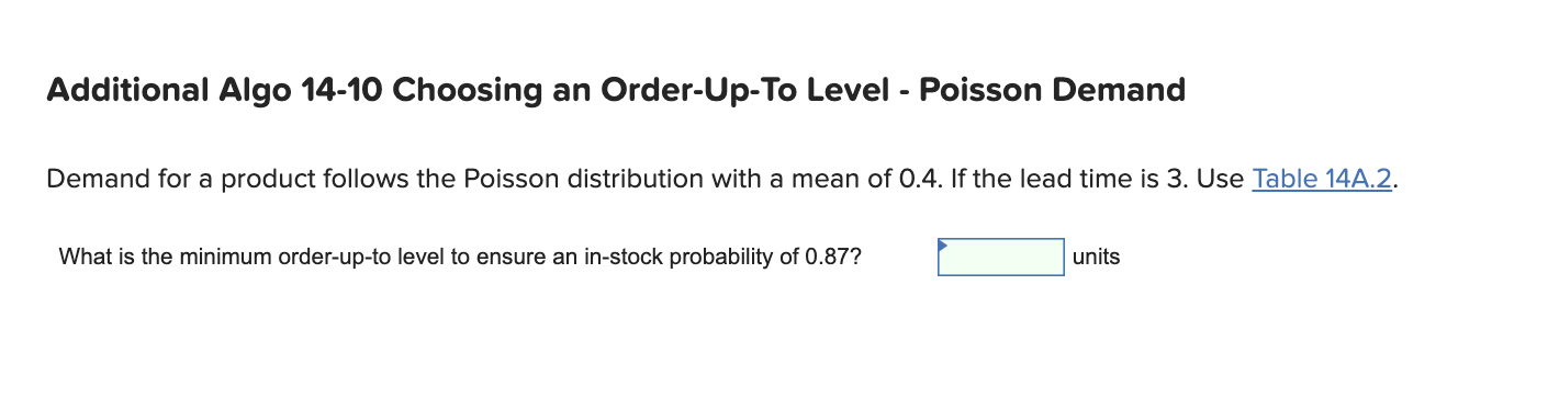 Solved Additional Algo 14-10 Choosing an Order-Up-To Level - | Chegg.com