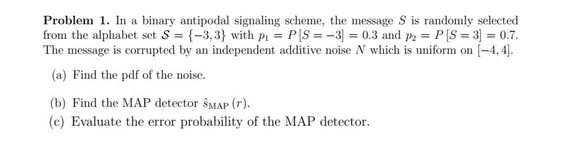 Solved Problem 1 In A Binary Antipodal Signaling Scheme 