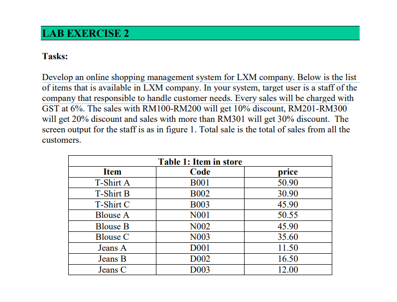 Solved LAB EXERCISE 2 Tasks: Develop an online shopping | Chegg.com