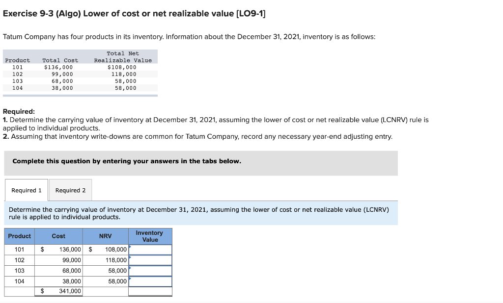 Solved Exercise 9-3 (Algo) Lower of cost or net realizable | Chegg.com Solved Exercise 9-3 (Algo) Lower of cost or net realizable | Chegg.com