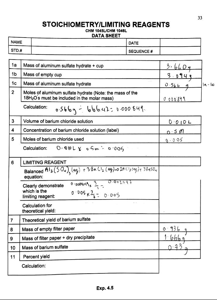 Solved STOICHIOMETRY/LIMITING REAGENTS Exp. 4.5 | Chegg.com