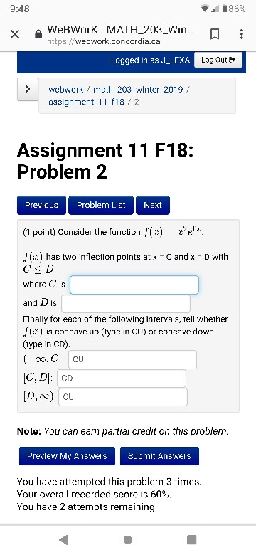 Solved 9:48 186% x WeBWorK : MATH 203 Win.. | Chegg.com