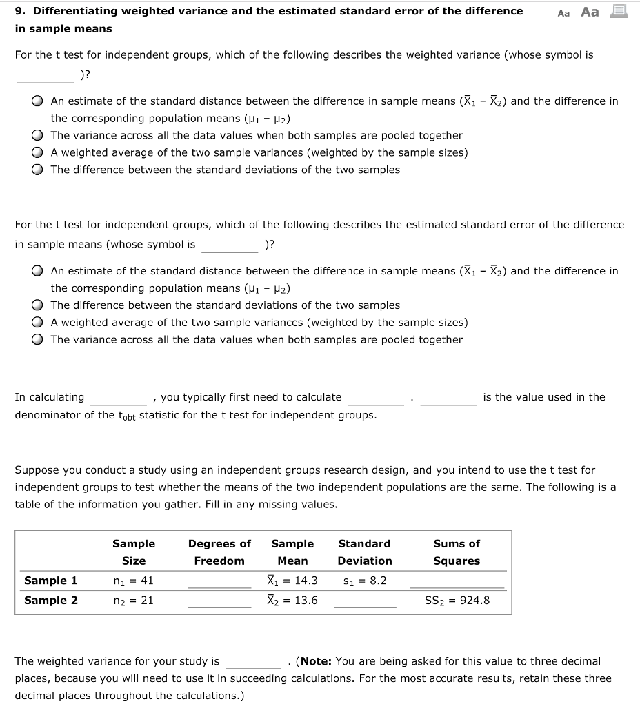 Solved 9. Differentiating weighted variance and the | Chegg.com