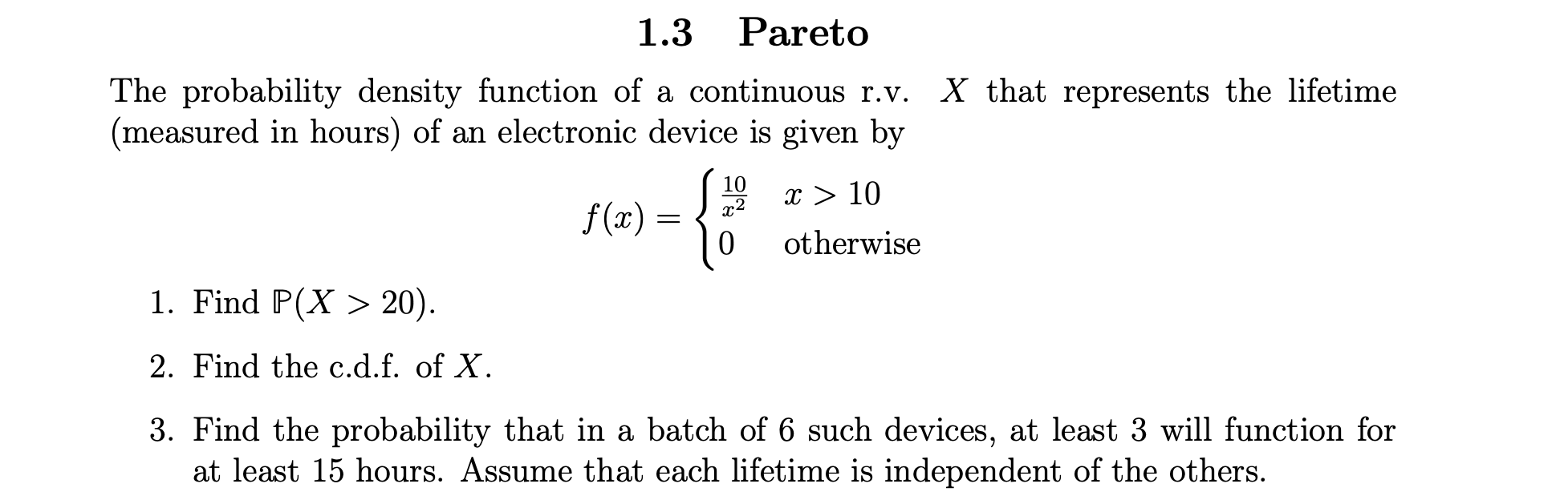 Solved 1.3 Pareto The probability density function of a | Chegg.com