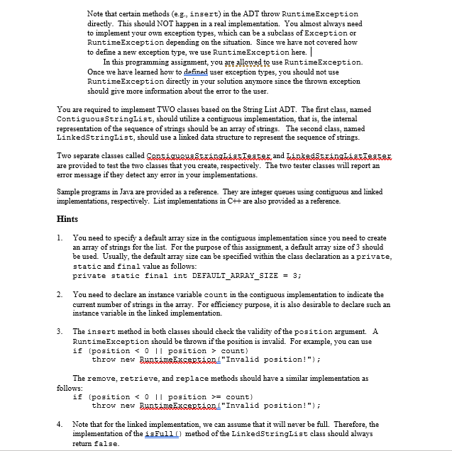 Description Implement the following String List ADT: | Chegg.com