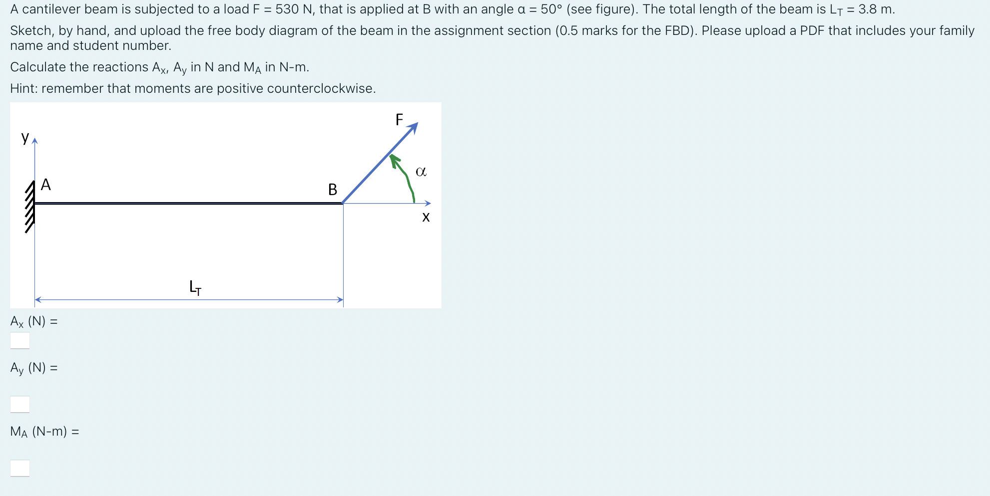Solved A cantilever beam is subjected to a load F = 530 N, | Chegg.com