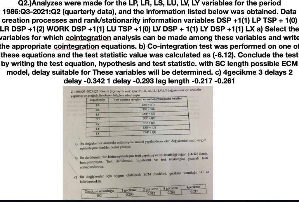 Q2.)Analyzes were made for the LP, LR, LS, LU, LV, LY | Chegg.com