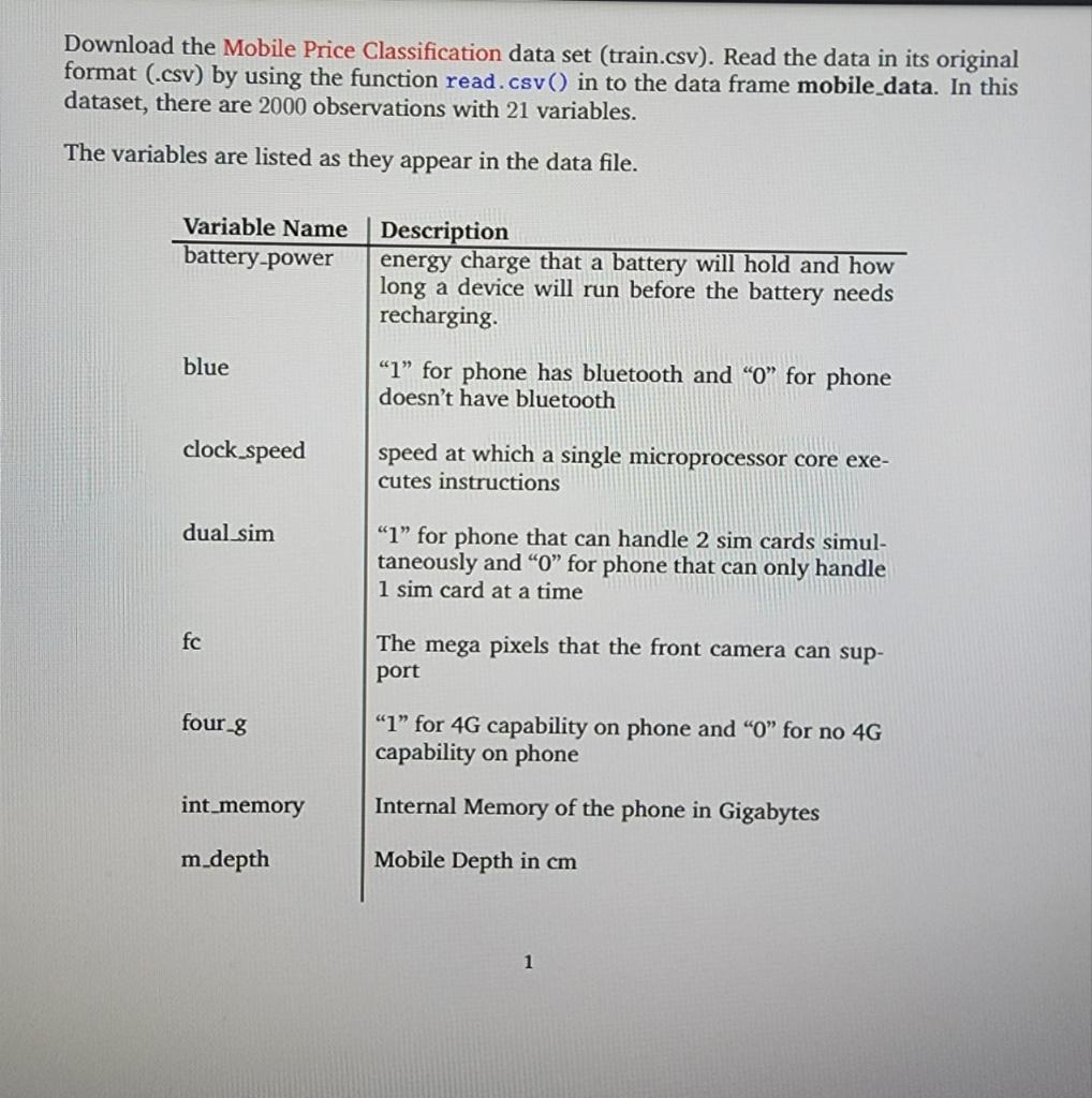 Download the Mobile Price Classification data set | Chegg.com