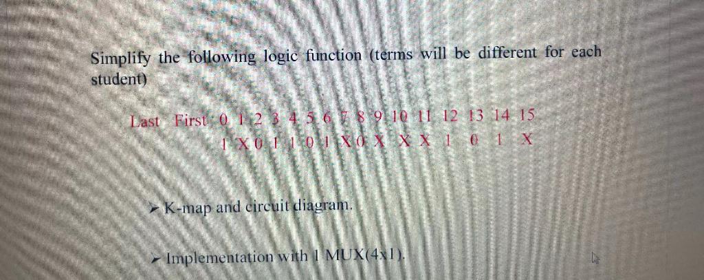 Solved Simplify The Following Logic Function Last First 0 1 7944