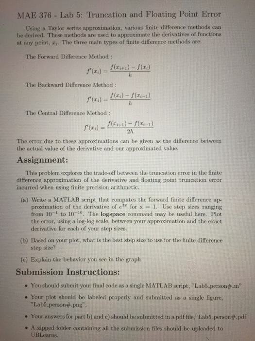 Solved MAE 376 - Lab 5: Truncation and Floating Point Error | Chegg.com