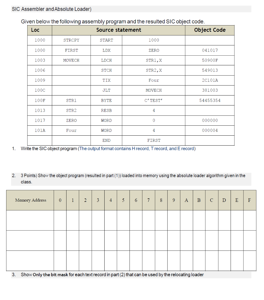 Sic Assembler And Absolute Loader Given Below The