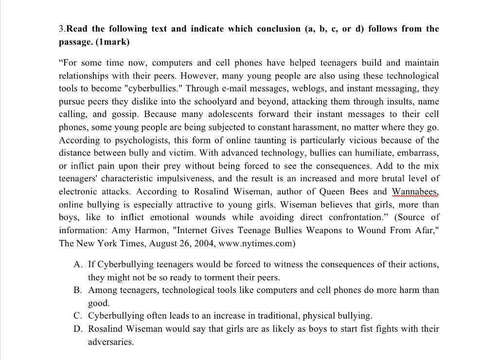 Solved 4. Read the following text and indicate which | Chegg.com