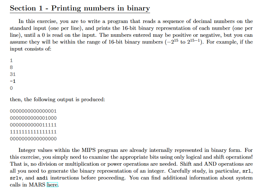 Solved Section 1 - Printing numbers in binary In this | Chegg.com