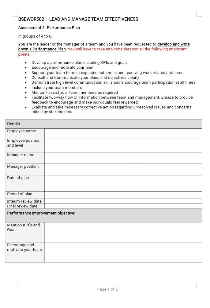 Solved BSBWOR502 - LEAD AND MANAGE TEAM EFFECTIVENESS | Chegg.com