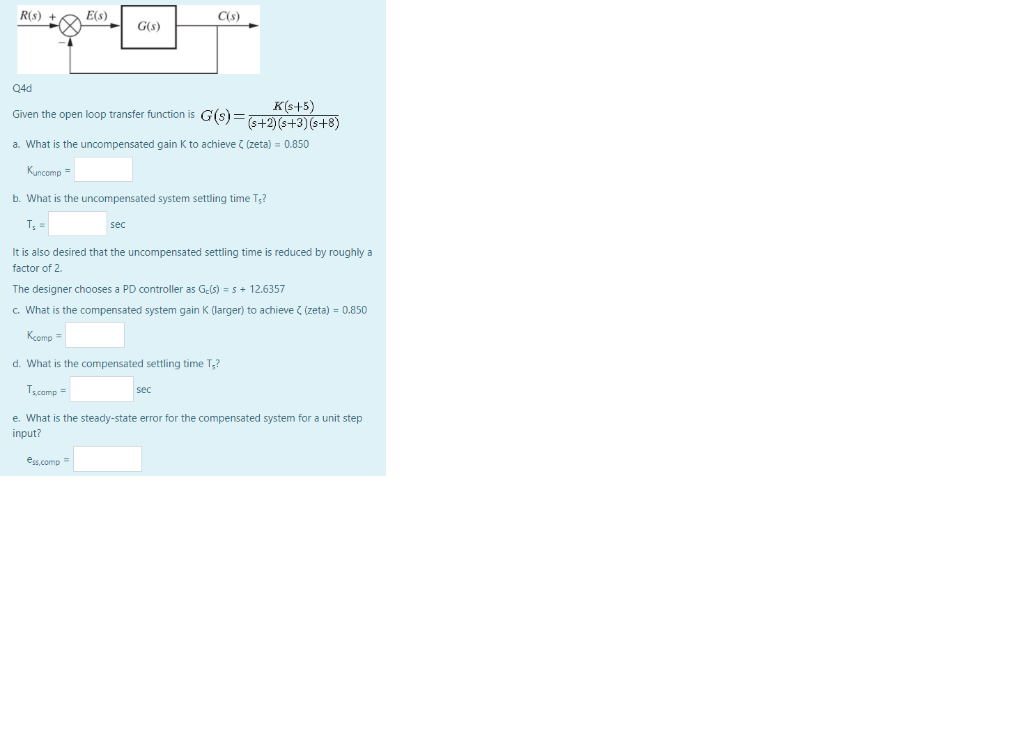 Solved R(S) E(S) C(s) G(s) Q4d K(+5) Given the open loop | Chegg.com