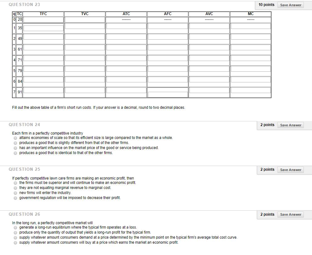 Solved QUESTION 23 10 points Save Answer TFC TVC ATC AFC AVC | Chegg.com