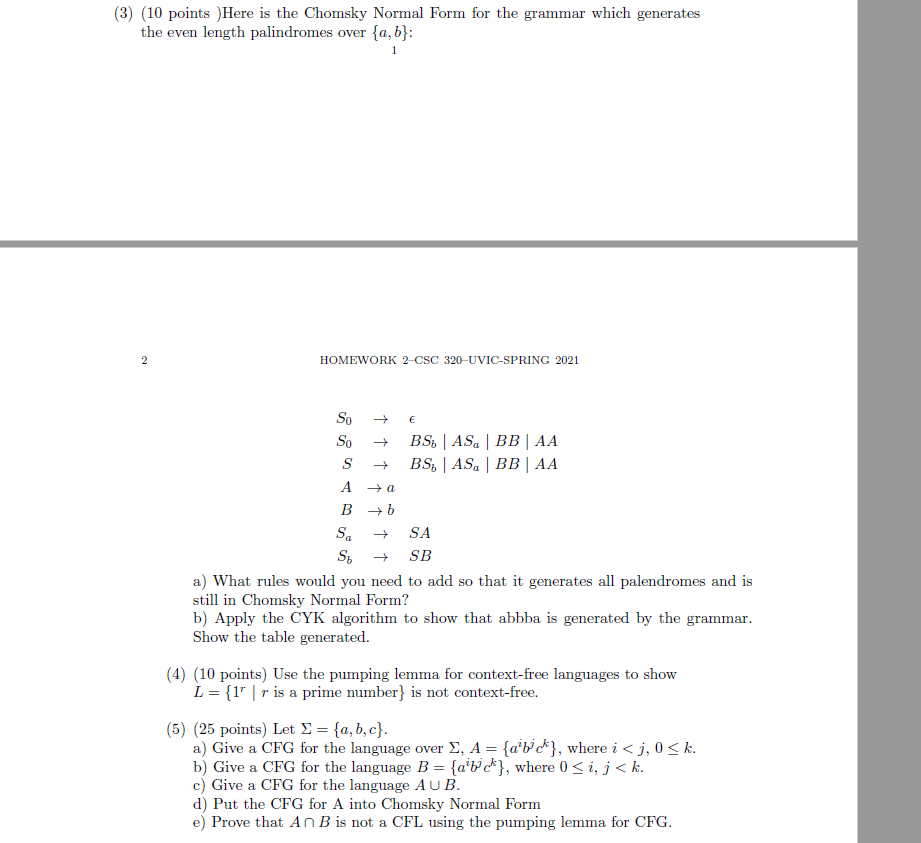 Solved (3) (10 points )Here is the Chomsky Normal Form for | Chegg.com