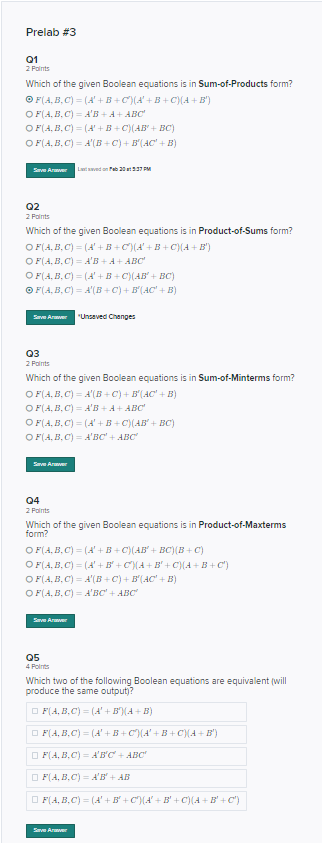 Solved Prelab #3 Q1 2 Points Which of the given Boolean | Chegg.com