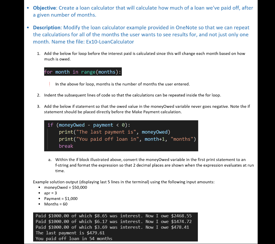 Solved Objective: Create a loan calculator that will | Chegg.com