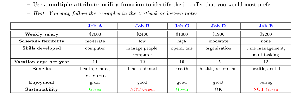 Solved Use A Multiple Attribute Utility Function To