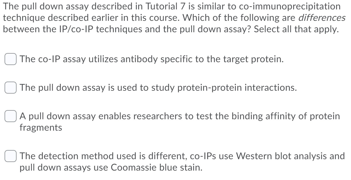 Solved The pull down assay described in Tutorial 7 is | Chegg.com