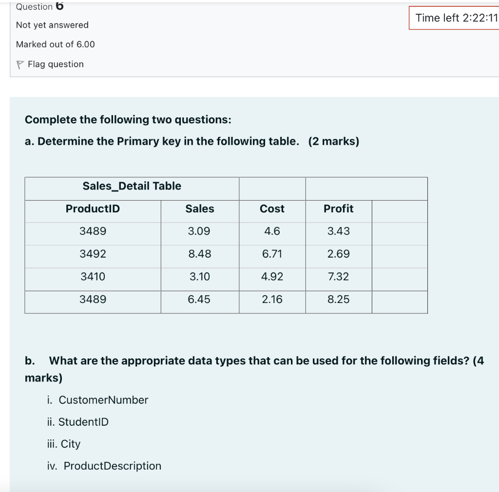Solved Question 6 Time left 2:22:11 Not yet answered Marked | Chegg.com