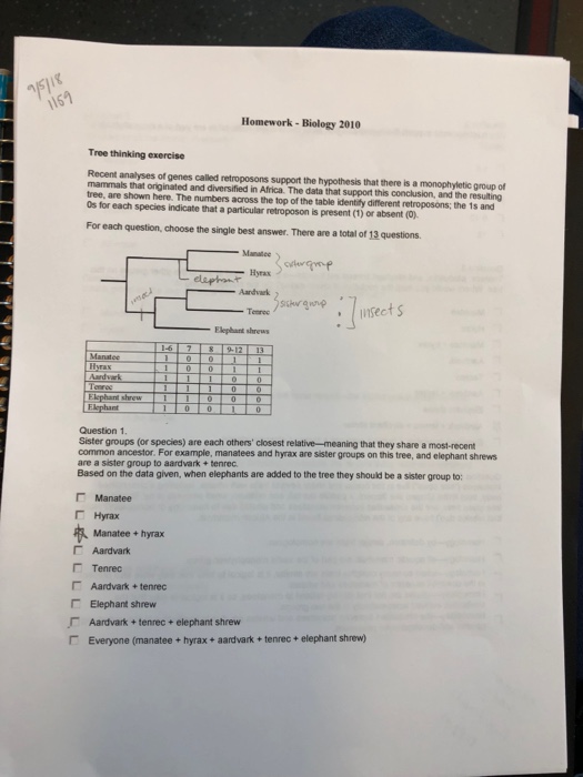 Solved Homework- Biology 2010 Tree thinking exercise Recent | Chegg.com