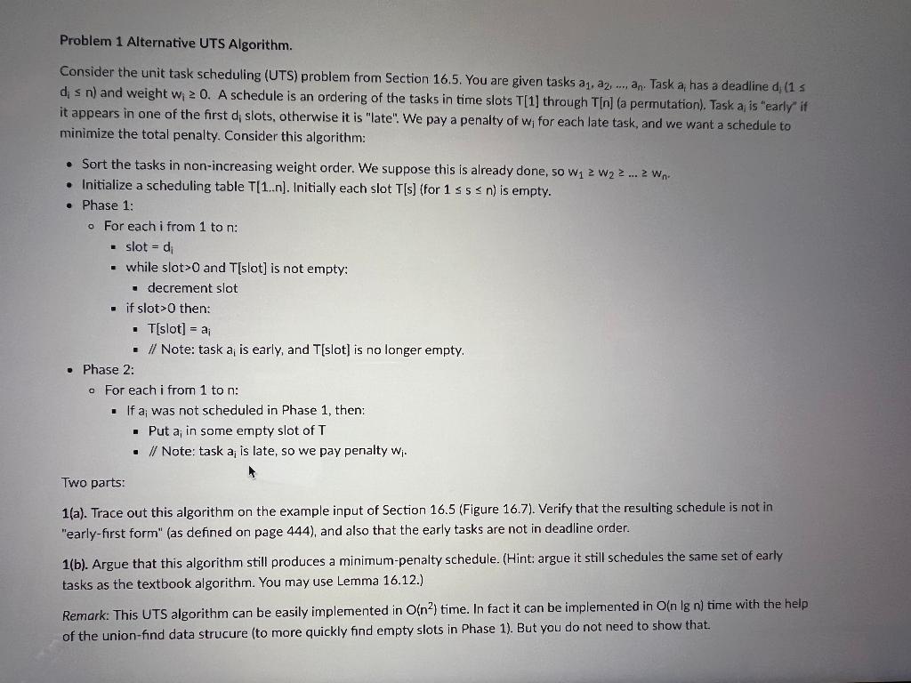 Solved Problem 1 Alternative UTS Algorithm. Consider the | Chegg.com