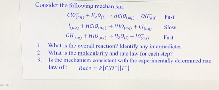 Solved Consider the following mechanism: ClO^-_(aq) + | Chegg.com