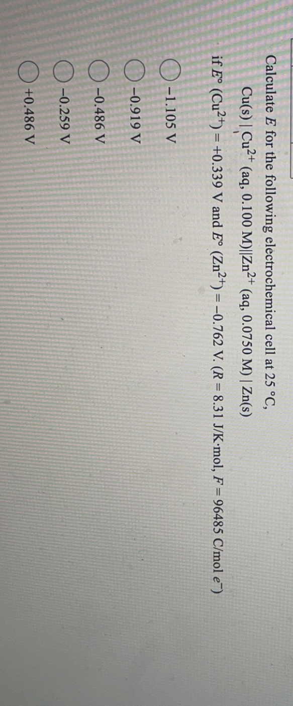 Solved Calculate E For The Following Electrochemical Cell At