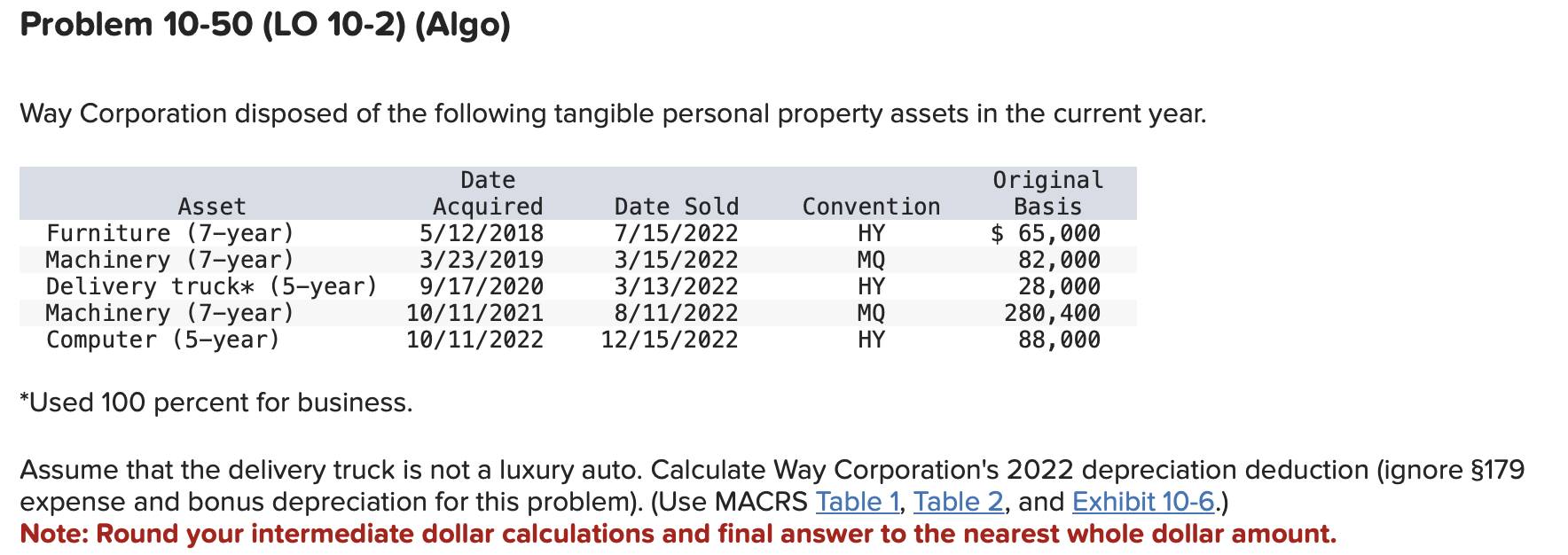 Way Corporation disposed of the following tangible | Chegg.com