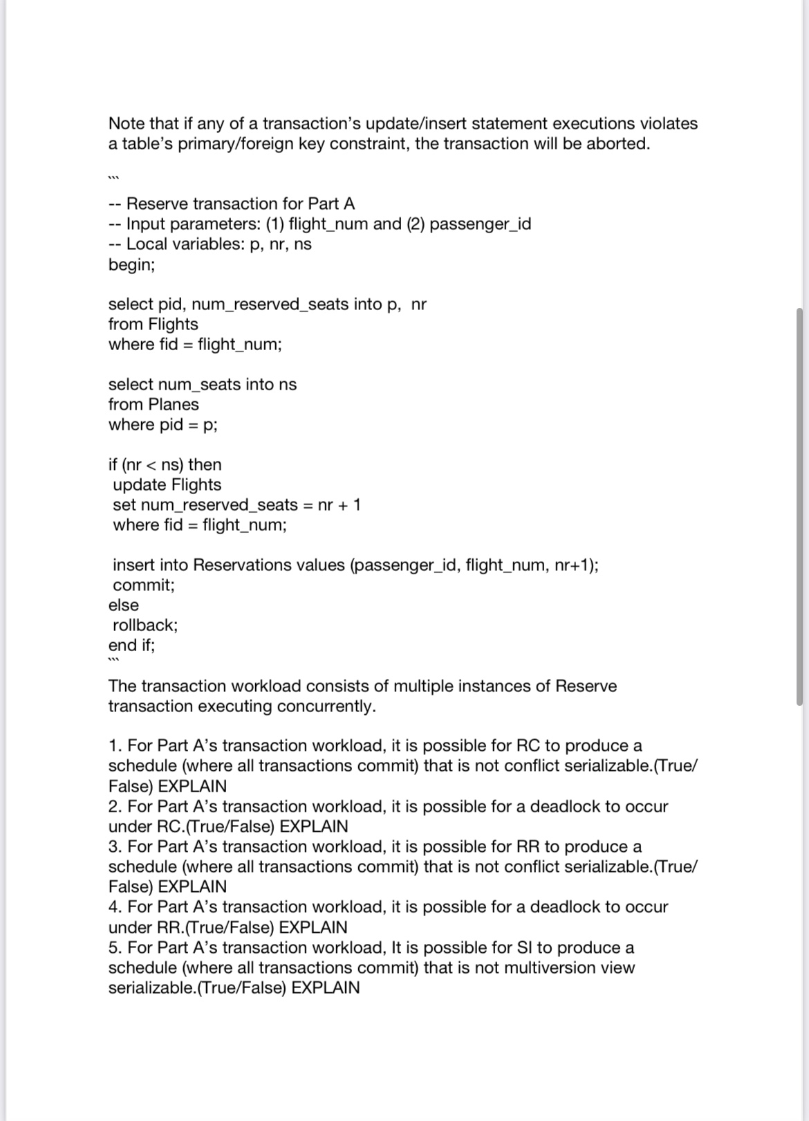 Solved Part B: Database Schema \& Transaction Workload This | Chegg.com