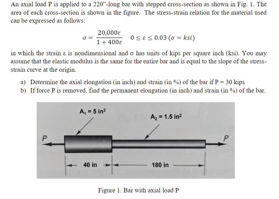 Solved An axial load P is applied to a 220 "-long bar with | Chegg.com