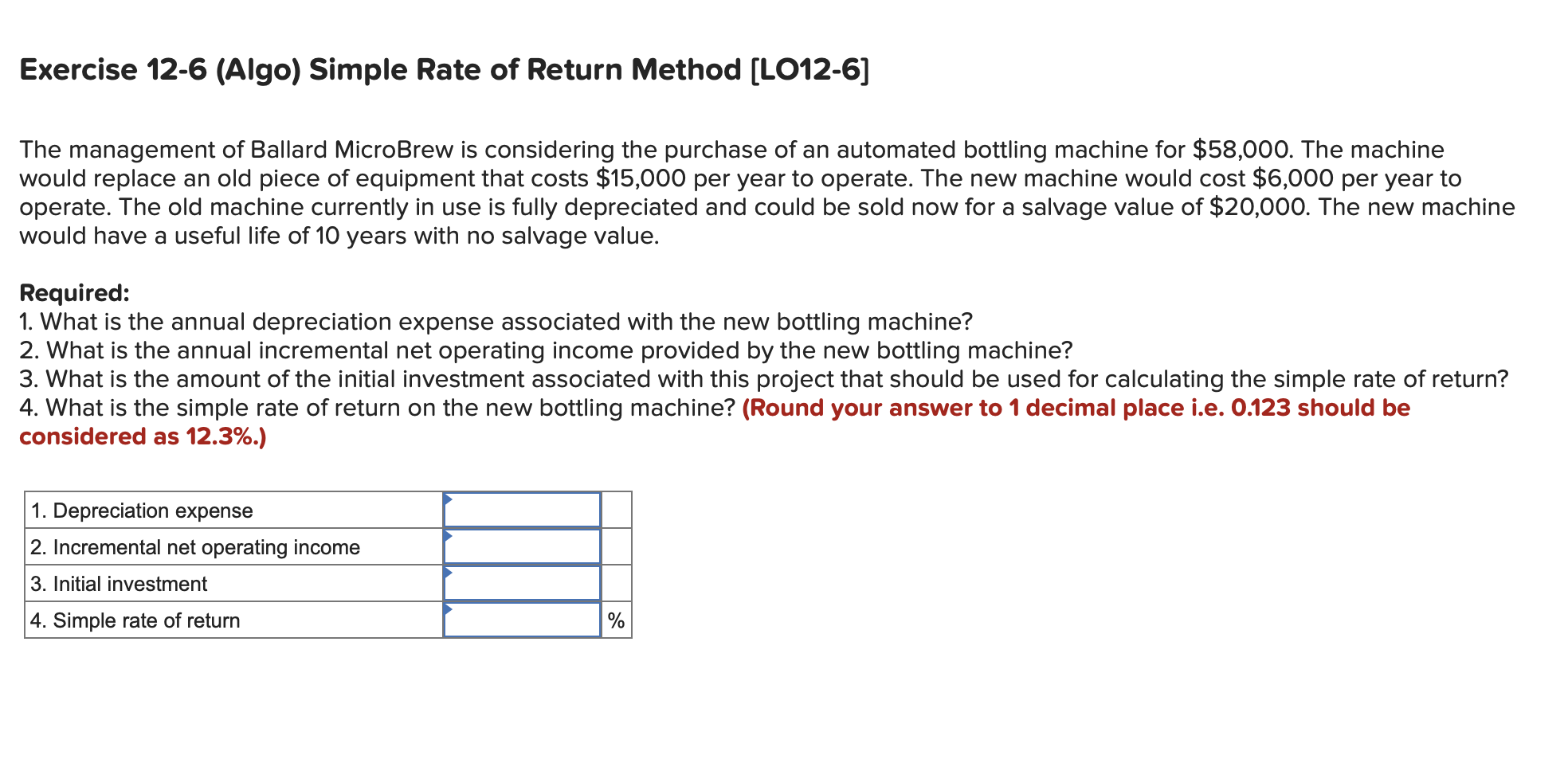 Solved Exercise 12-6 (Algo) Simple Rate of Return Method | Chegg.com