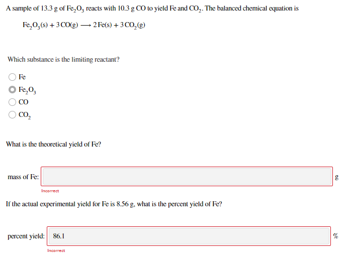 Solved A sample of 13.3 g of Fe, O2 reacts with 10.3 g CO to | Chegg.com