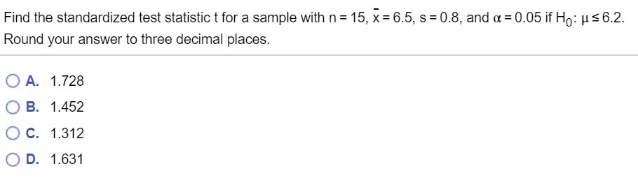 Solved Find the standardized test statistic t for a sample | Chegg.com