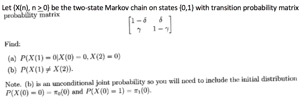 Solved Let X(n), n 0 be the two-state Markov chain on states | Chegg.com