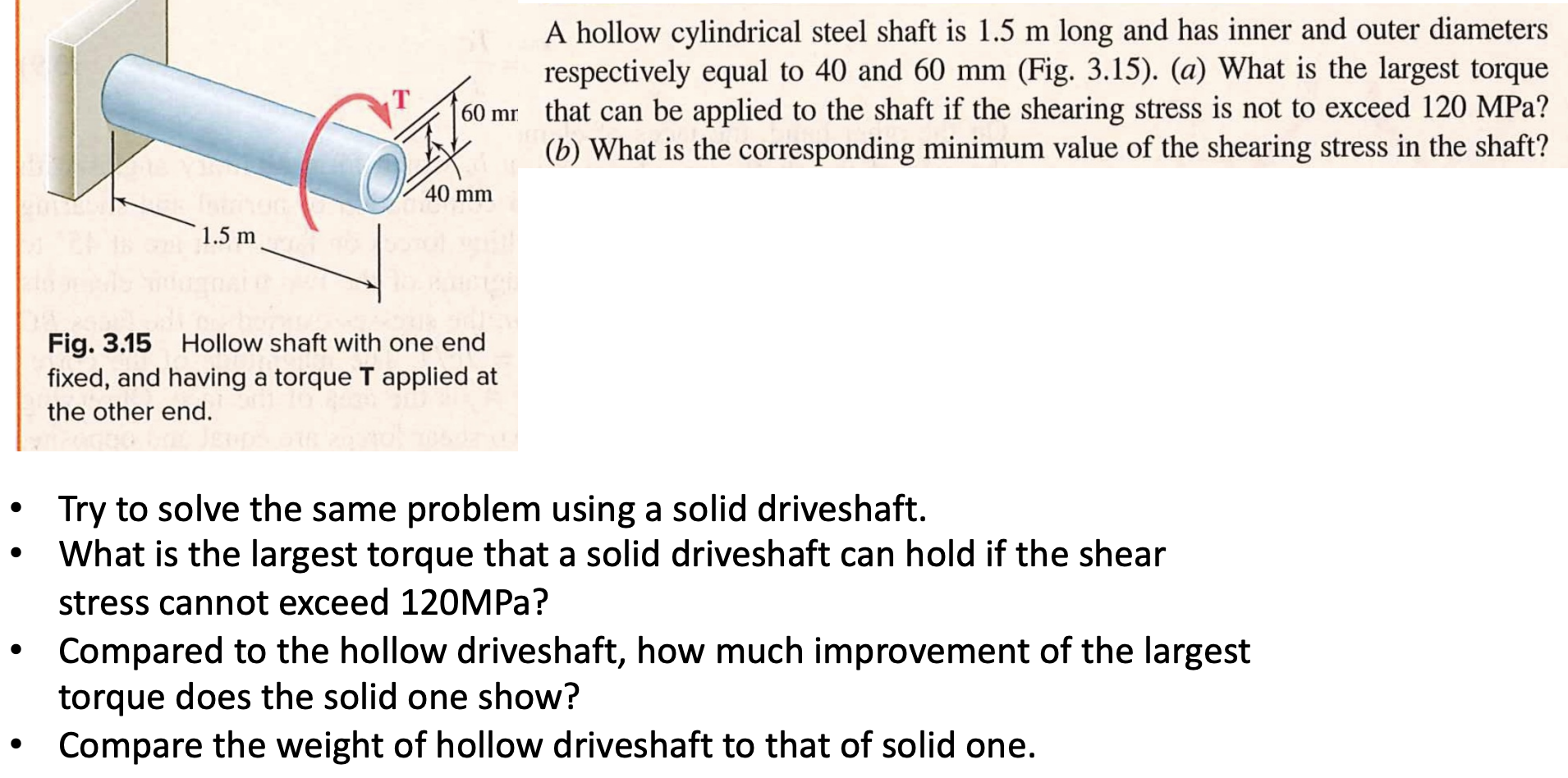 Solved A hollow cylindrical steel shaft is 1.5 m long and | Chegg.com