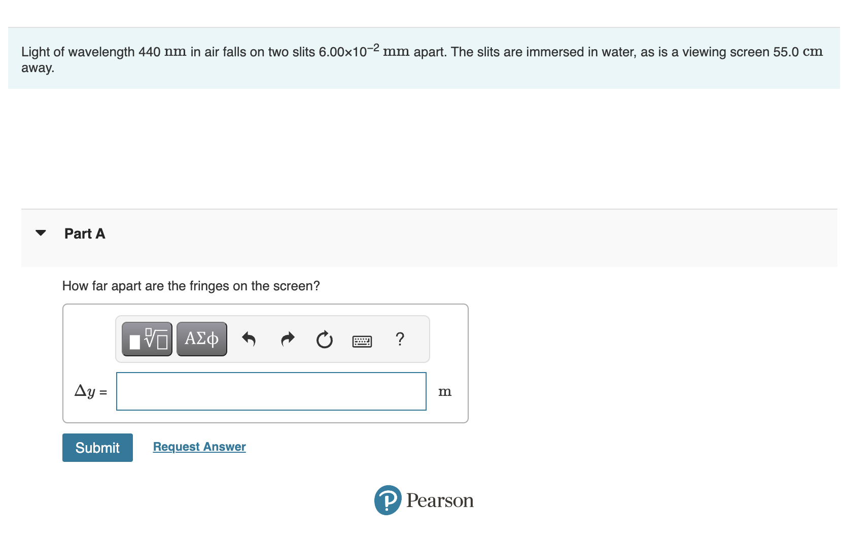 Solved Light of wavelength 440 nm in air falls on two slits | Chegg.com