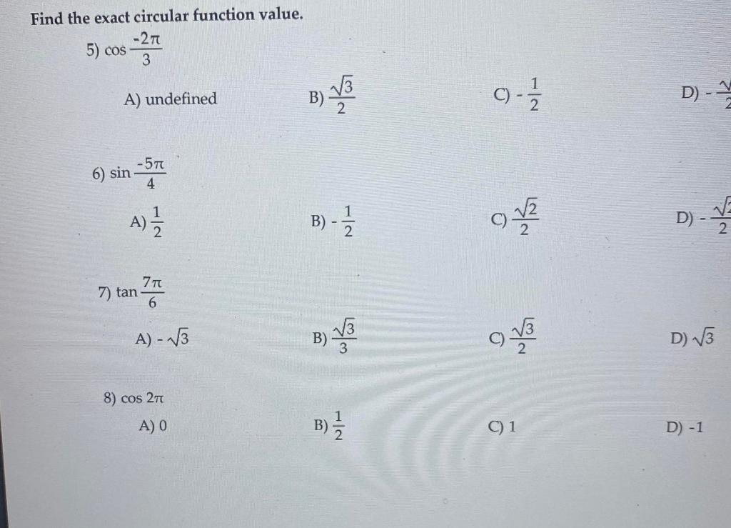 Solved Find the exact circular function value. -27 3 5) cos- | Chegg.com