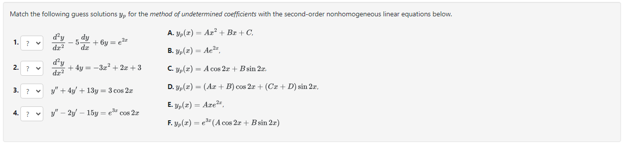 Solved Match the following guess solutions yp for the method | Chegg.com