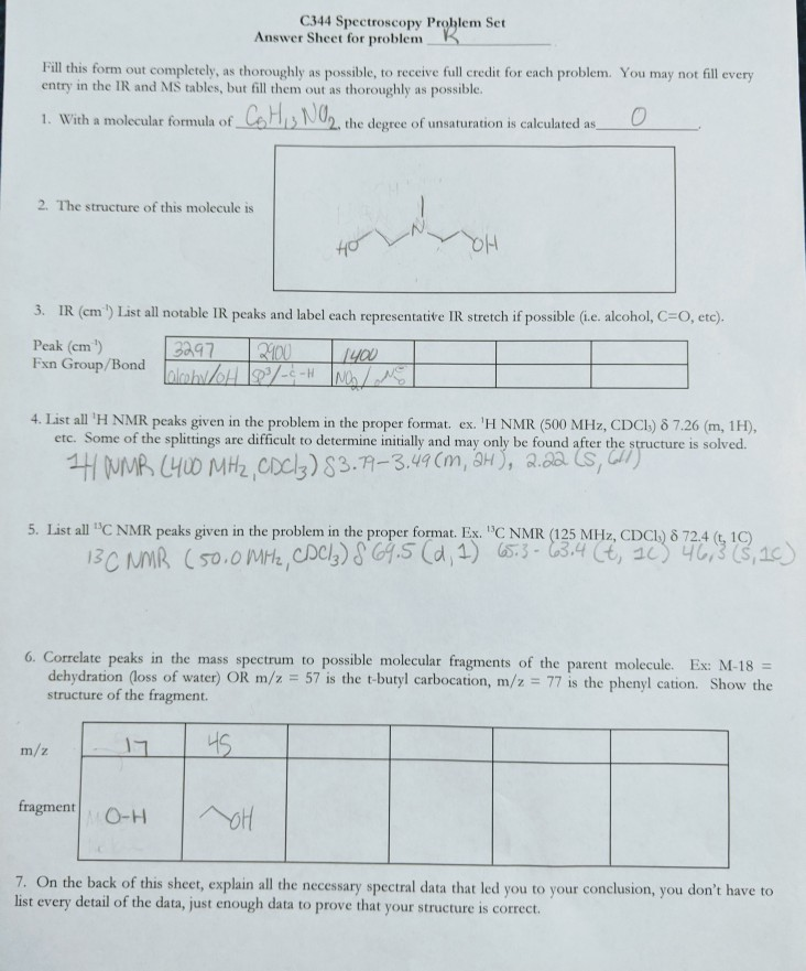Solved C344 Spectroscopy Problem Set Answer Sheet for | Chegg.com