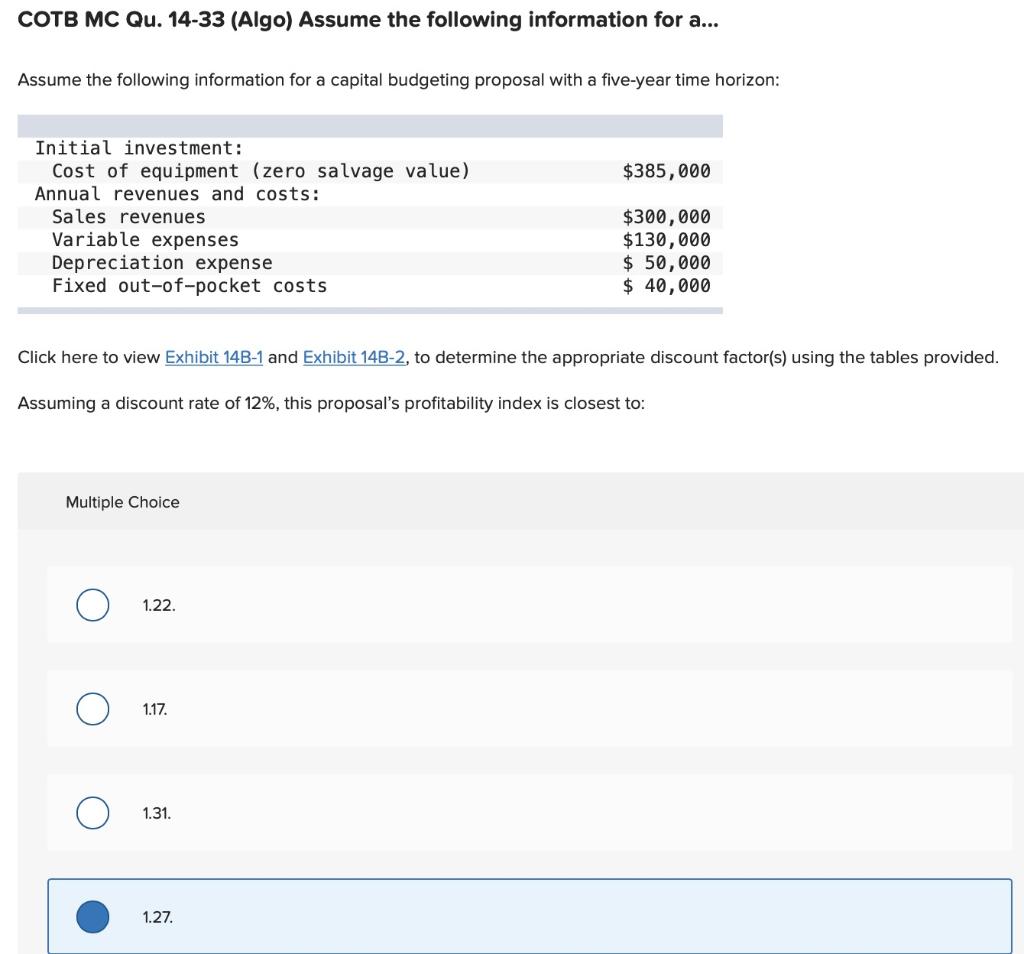 Solved COTB MC Qu. 14-33 (Algo) Assume the following | Chegg.com