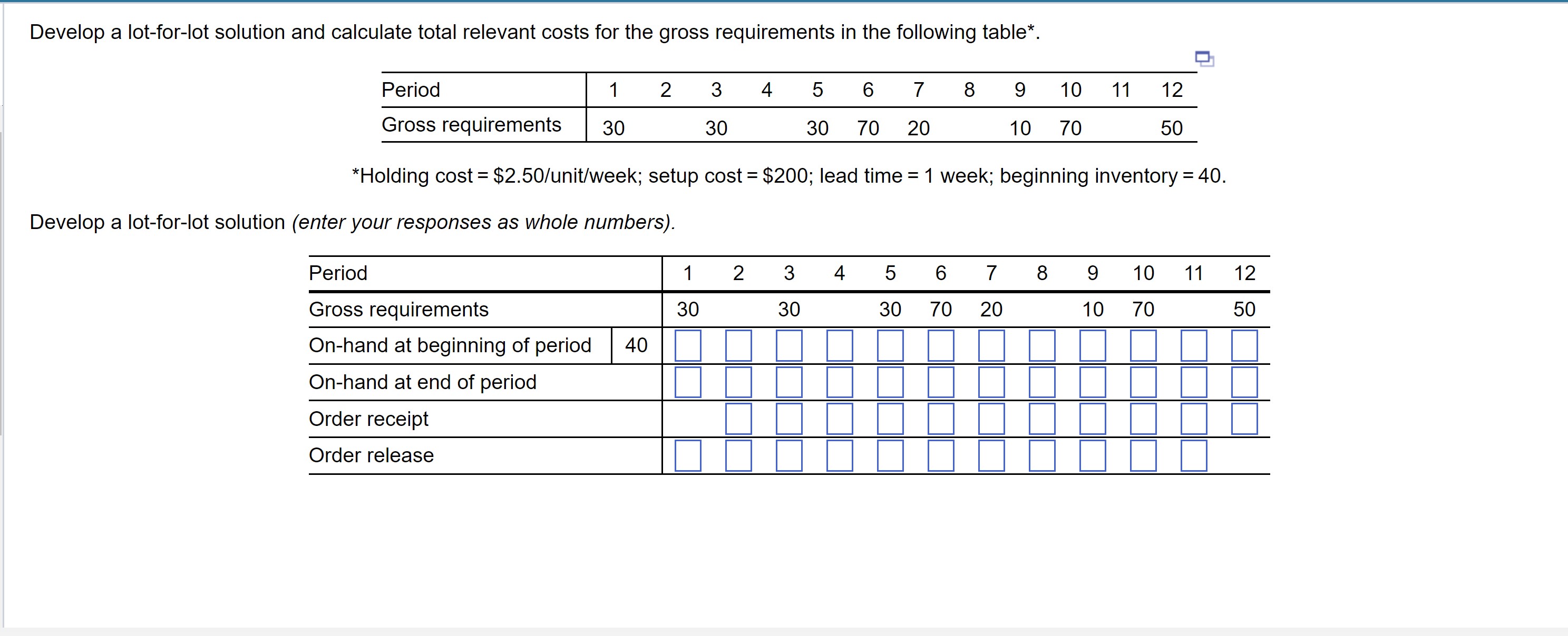 Solved Develop a lot-for-lot solution and calculate total | Chegg.com