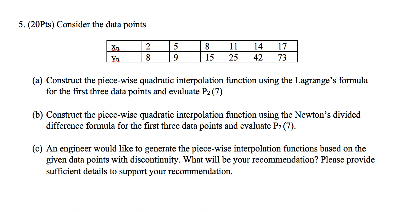 Solved 5. (20Pts) Consider the data points 2 5 8 11 Xn Yn 14 | Chegg.com Solved 5. (20Pts) Consider the data points 2 5 8 11 Xn Yn 14 | Chegg.com