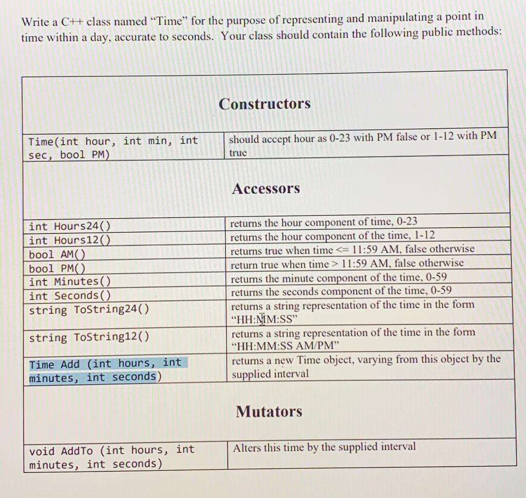 Solved Write a C++ class named “Time” for the purpose of | Chegg.com