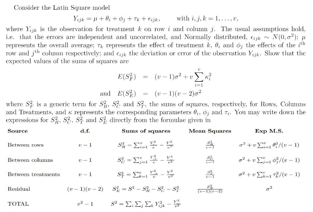 Solved Consider the Latin Square model Yijk=μ+θi+ϕj+τk+ϵijk, | Chegg.com